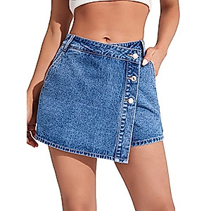WDIRARA Women's High Waisted Button Front Denim Skort Asymmetrical Hem Wrap Jean Skirt Shorts Medium Wash M