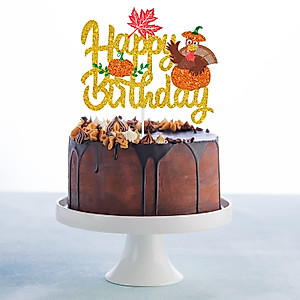 Thanksgiving Happy Birthday Cake Topper - Happy Friendsgiving Cake Topper - Autumn Fall Harvest Maple Pumpkin Picks Holiday Friends Party Supplies