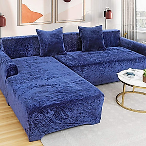 DuANgu 1 Pcs Velvet Plush Couch Cover,Stretch Sofa Cover Slipcover Soft Thick Sofa Protector for L-Shape Sectional Couch,1 2 3 4 Seater Blue 4 Seater(93-118")