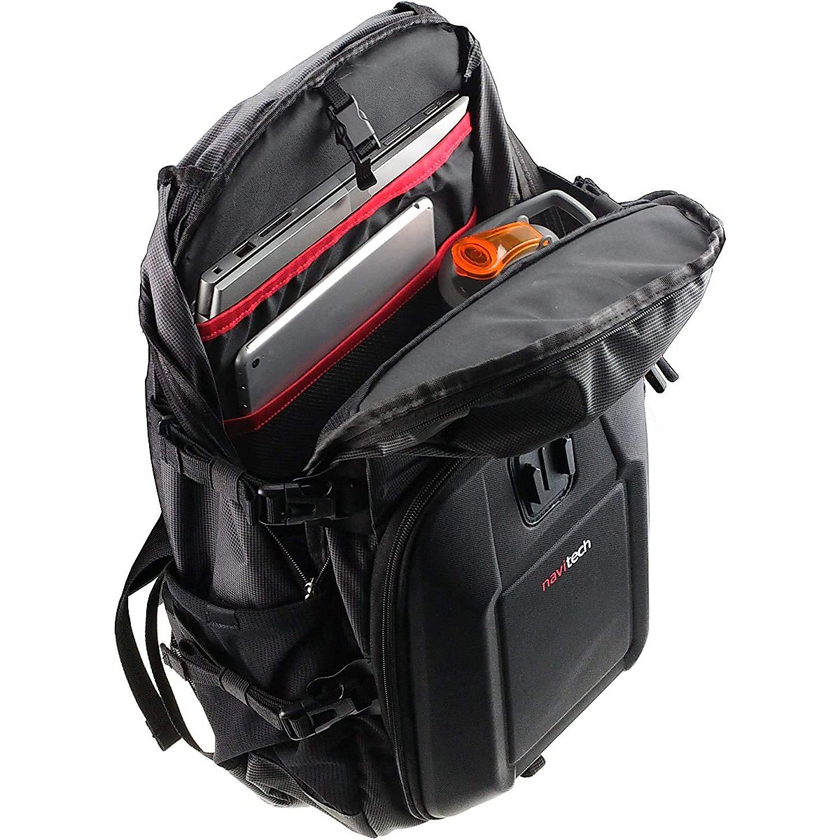 Navitech Action Camera Backpack & Red Storage Case with Integrated Chest Strap - Compatible with DragonTouch Vision 3 Pro Action Camera