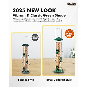 iBorn Metal Bird Feeders 6 Ports Hanging Wild Bird Seed Feeder for Mix Seed Blends, Niger Seed Feeder, Sunflower Heart, Birdbath, Heavy Duty All Metal Green Finishing 14 Inch 6Port