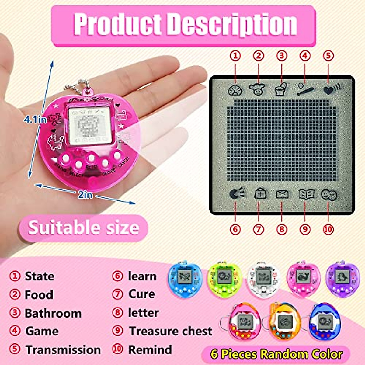 6 Pieces Virtual Pets Keychain Digital Nostalgic Electronic Pets Keychain Easter Gift Pet Key Chain 90s Handheld Games Electronic Pets Game Keyring with 1 Screwdriver 2 Button Battery (Mixed Style)