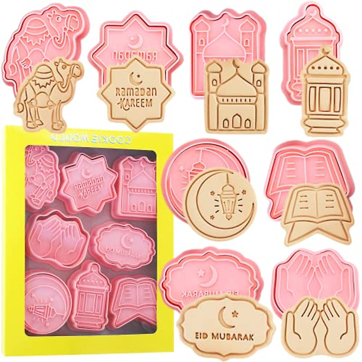 Crethinkaty Eid Mubarak Cookie Cutters-8 Pieces Pressable Eid Mubarak Biscuit Cutters Set-3D Eid Element Cookie Stamps.