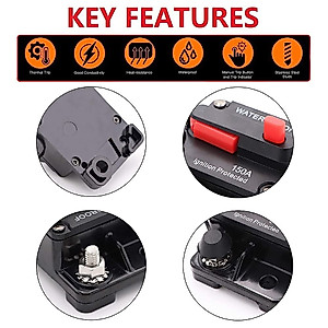 ANJOSHI 150 Amp Circuit Breaker with Manual Reset for Car Truck RV ATV Marine Trolling Motors Boat Audio System Current Overload Protection Inline Fuse Inverter, 20A-150A/12V-42V DC Waterproof (150A)