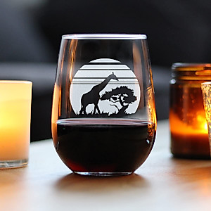 Giraffe Sunset Stemless Wine Glass - Fun Safari Themed Decor and Gifts for Lovers of African Wild Animals - Large 17 Oz Glasses