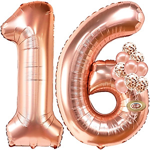 KatchOn, Sweet 16 Balloons Rose Gold - 40 Inch | Sweet 16 Birthday Decorations | Rose Gold 16 Balloon Numbers with Confetti Balloons | Sweet Sixteen Balloons | 16th Birthday Decorations for Girls