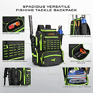 KastKing Bait Boss Fishing Tackle Backpack with Rod Holders-4 Tackle Boxes-Rain Cover,43L Large Storage for Fishing Gear,Green