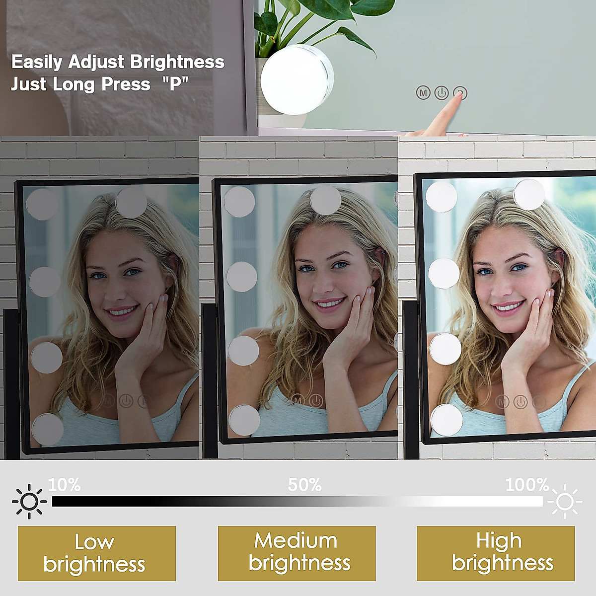 BWLLNI Lighted Makeup Mirror Hollywood Mirror Vanity Mirror with Lights, Touch Control Design 3 Colors Dimable LED Bulbs, Detachable 10X Magnification, 360°Rotation, Black.