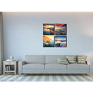 Pyradecor Sunset Sea Beach Modern Seascape Pictures Paintings on Canvas Wall Art 4 Panels Stretched Canvas Prints Artwork for Living Room Bedroom Home Office Decorations