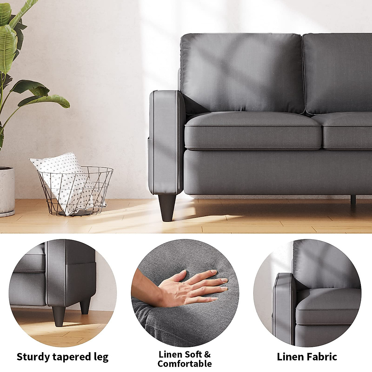 Lonkwa L-Shaped Couch Couches for Living Room, Convertible Sectional Sofa with Storage Ottoman, 3-Seat Grey Sectional Sofas for Living Room/Bedroom/Office/Small Space