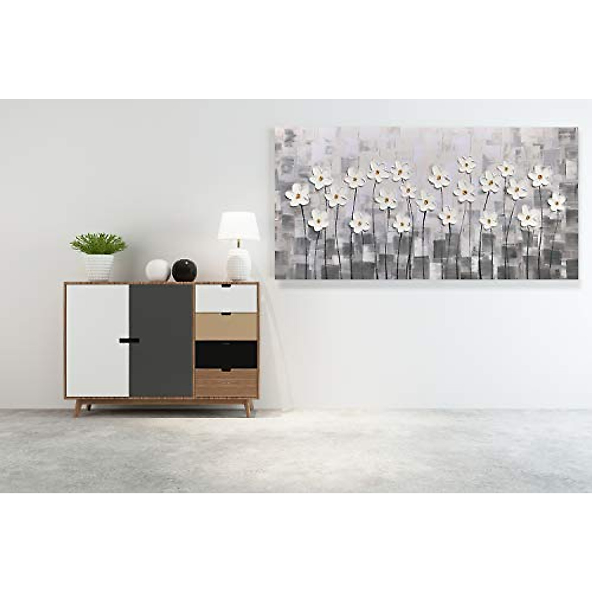Yihui Arts Canvas Wall Art Grey and White Flowers Pictures Blossom Modern Floral Pallet Knife Painting Framed for Bedroom Kitchen Dinning Room Living Room Office Home Decor