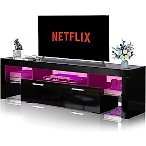ADDJY Black TV Stands with LED Lights High Gloss TV Entertainment Center for 70 Inch TV with 2 Flip Down Drawers and Open Shelves, Modern Console Media Table Storage Desk for Up to 70 Inch TV