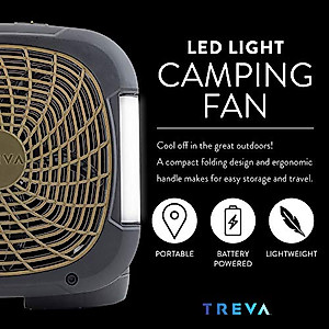 Treva 10-Inch Portable Desktop Air Circulation Battery Fan, 2 Speed, Compact Folding & Tilt Design Fan With Adjustable LED Lights