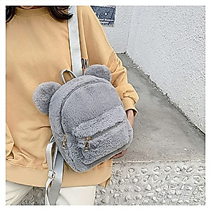 Tomato City Fuzzy Sherpa Purse Backpack Pink Plaid Fluffy Shoulder Bag Girls Cow Pendant (Grey C)