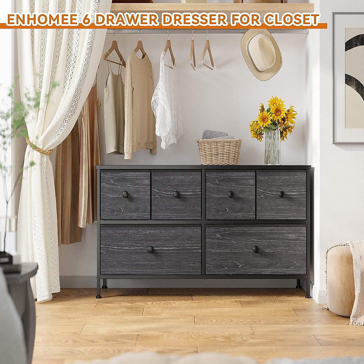 EnHomee Dresser for Bedroom with 6 Drawers, Wide Dressers & Chests of Drawers, Fabric Dresser, TV Stand for Bedroom, Closet, Hallway, Black Wood Grain Print