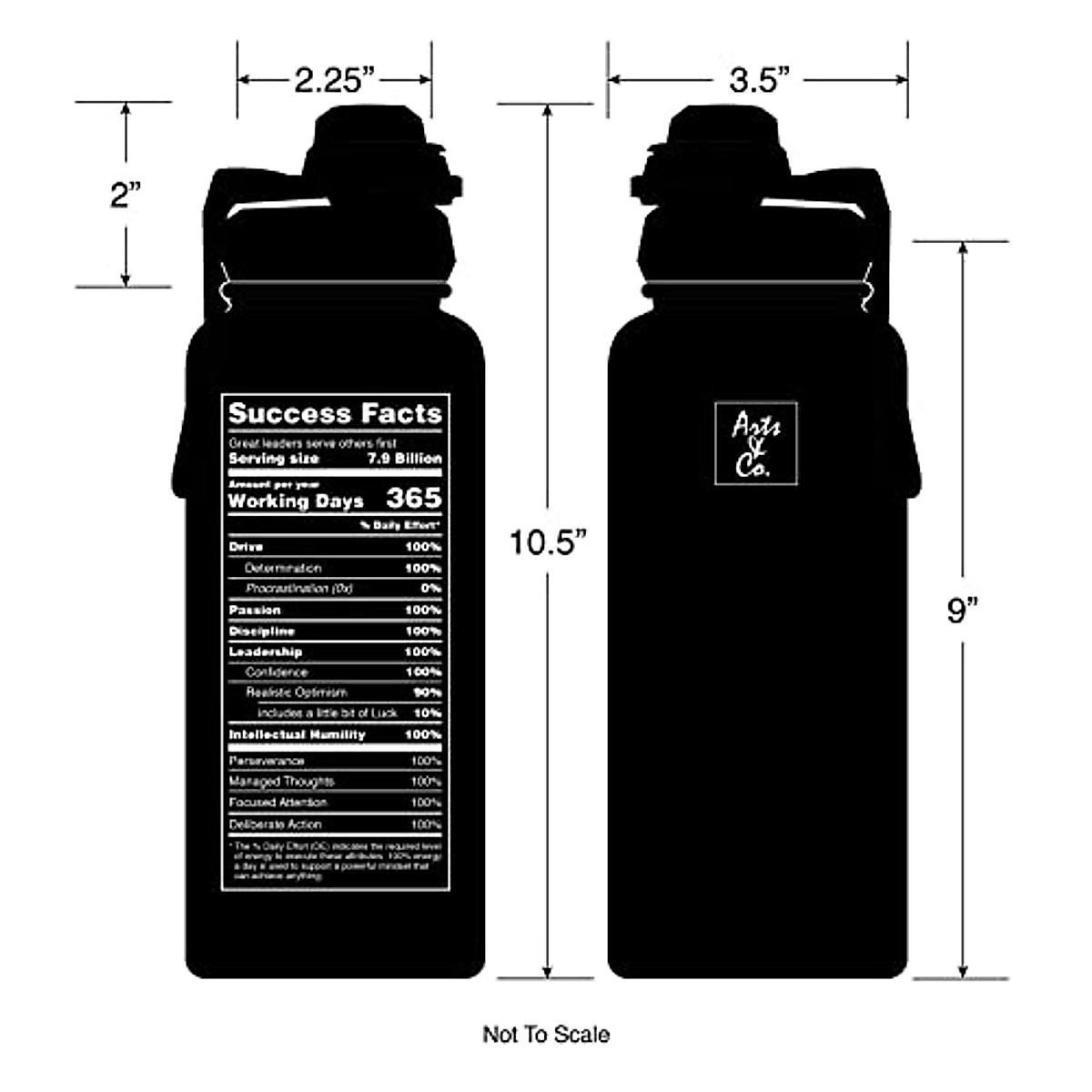 ARTS & CO. Success Facts Vacuum Insulated Stainless Steel Wide Mouth Leakproof Inspiration Sports Water Bottle 32 oz. (Deep Black)