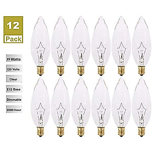 BULBMASTER 15 Watts Blunt Tip Decorative Light Bulbs Chandelier Light Bulb Candelabra Base Torpedo Clear Straight Dimmable Incandescent Light Bulbs, E12 Base Lamps Pack of 12
