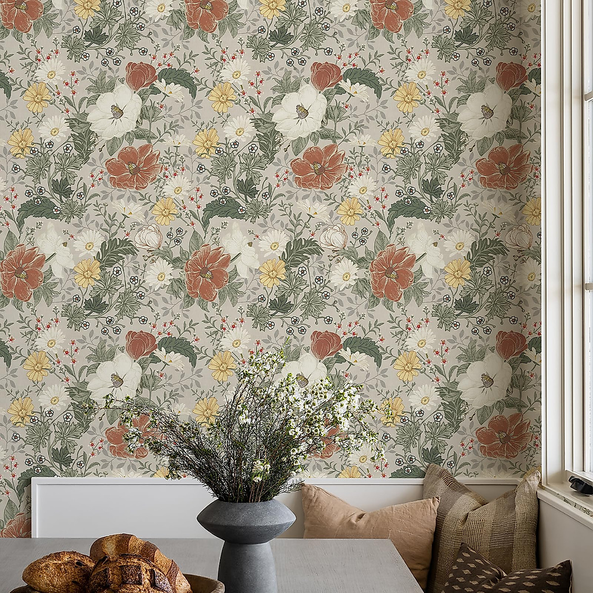 Simon&Siff Vintage Peel and Stick Wallpaper Grey Floral Wallpaper Farmhouse Botanical Contact Paper Self Adhesive Removable Wall Paper for Renter Friendly 118" x 17.3"