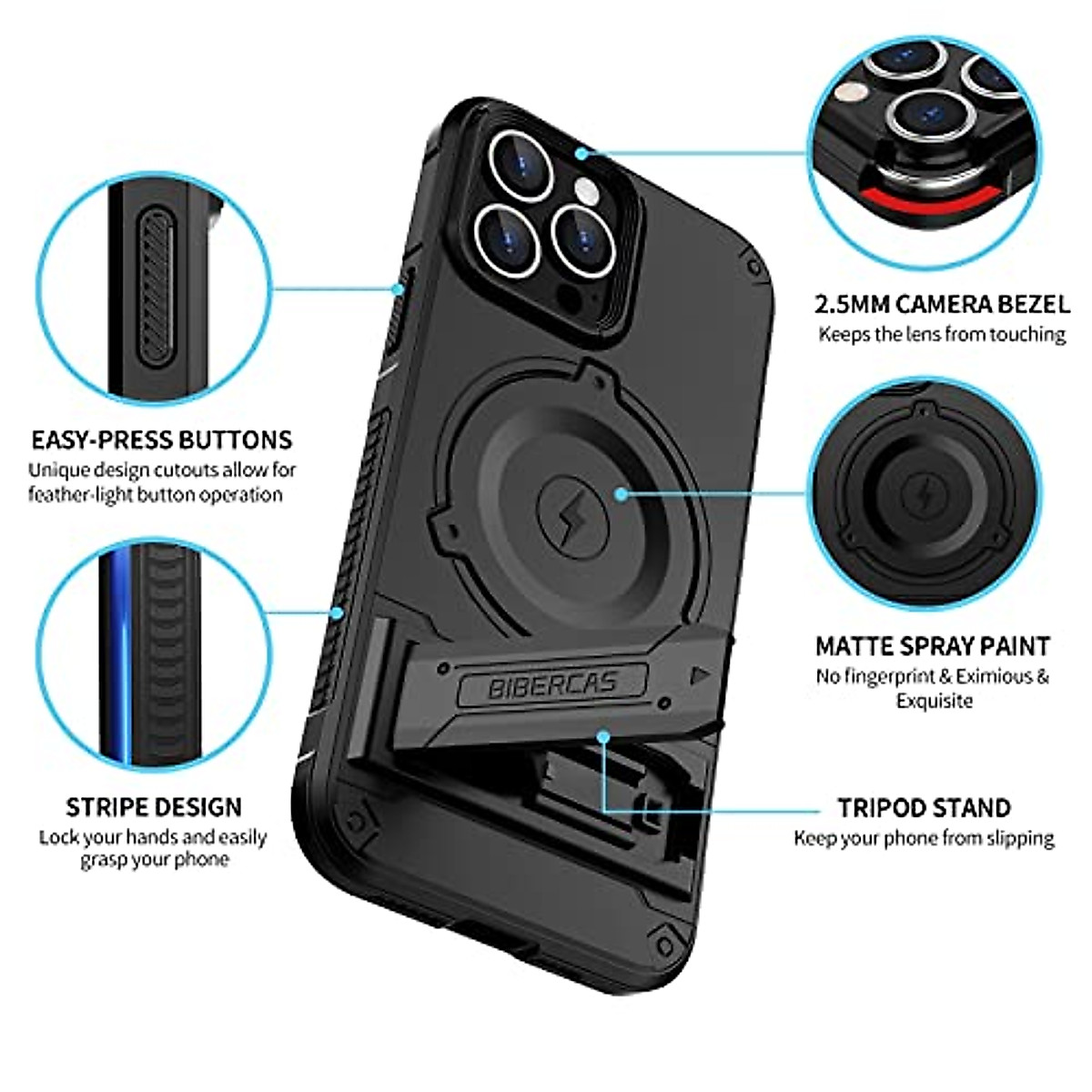 BIBERCAS iPhone 13 Pro Max Magsafe Case, Magnetic case 13 pro max with 3 Stand Way Kickstand,Support Wireless Charging,Military Grade Full Cover Protection, Iphone MagSafe Case for Men & Women (Black)