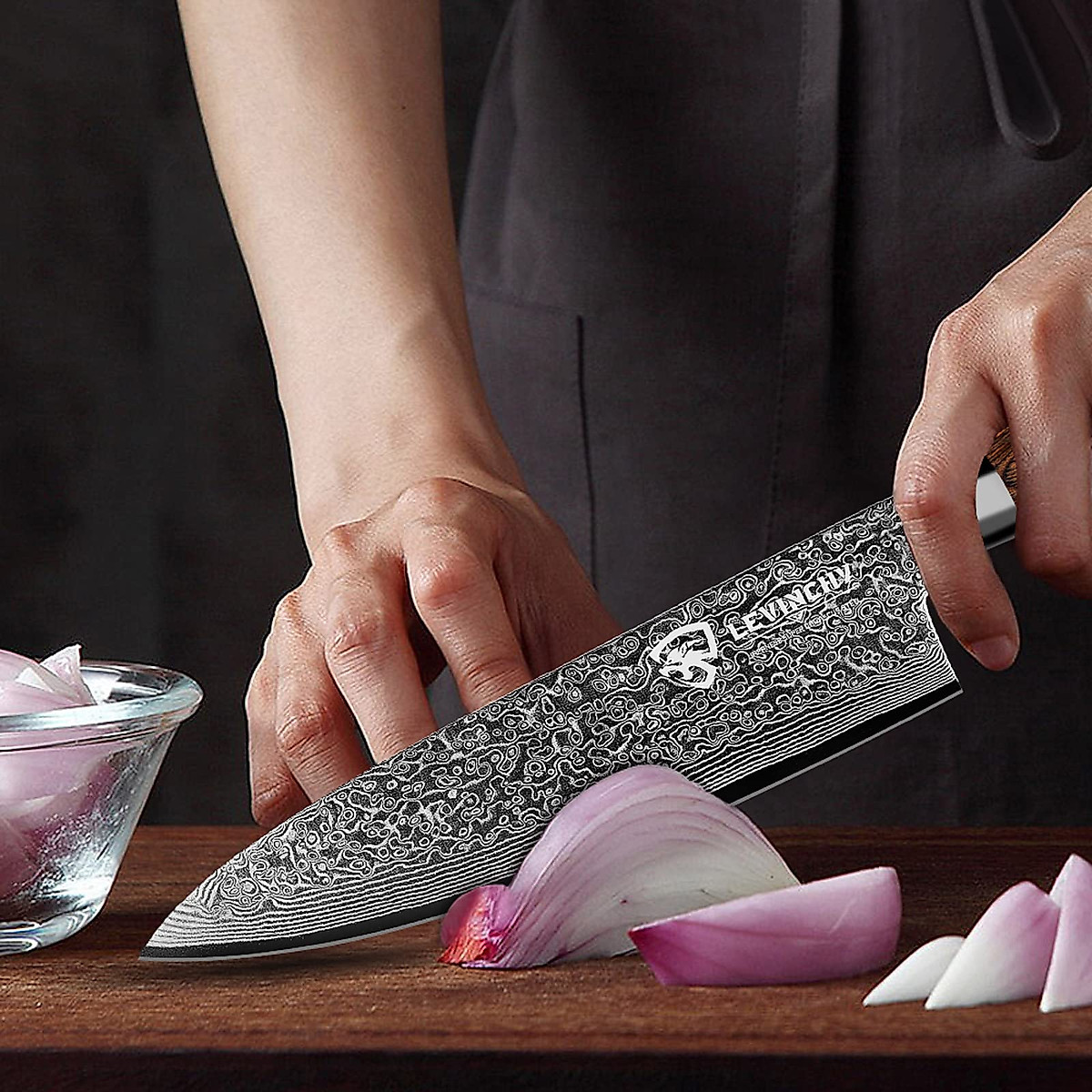 LEVINCHY Damascus Chef's Knife 8 inch Professional Handmade Damascus Stainless Steel Kitchen Knife, Superb Edge Retention, Stain & Corrosion Resistant, Ergonomic PAKKA Wood Handle
