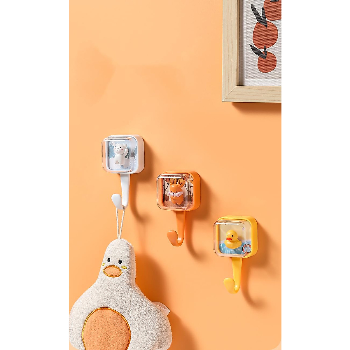 Gautsa Cute Adhesive Hooks, Animal Bounce, Spring Shaking Duck Polar Bear Squirrel, No Nails, Waterproof, for Key Purse Robe Towel, Creative Individual Hook Set of 3 (3 Pack)