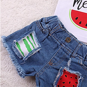 LOTUCY 2PCS Baby Girls Boy Clothes One in A Melon Watermelon Tops Tassel Ripped Denim Shorts Set Baby Boy Girl 1st Birthday Outfit