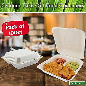 Perfectware 100% Compostable 3 Comp Take Out Food Containers 9x9x 3. 100 Containers, Natural Disposable Bagasse, Eco-Friendly Biodegradable Made of Sugar Cane
