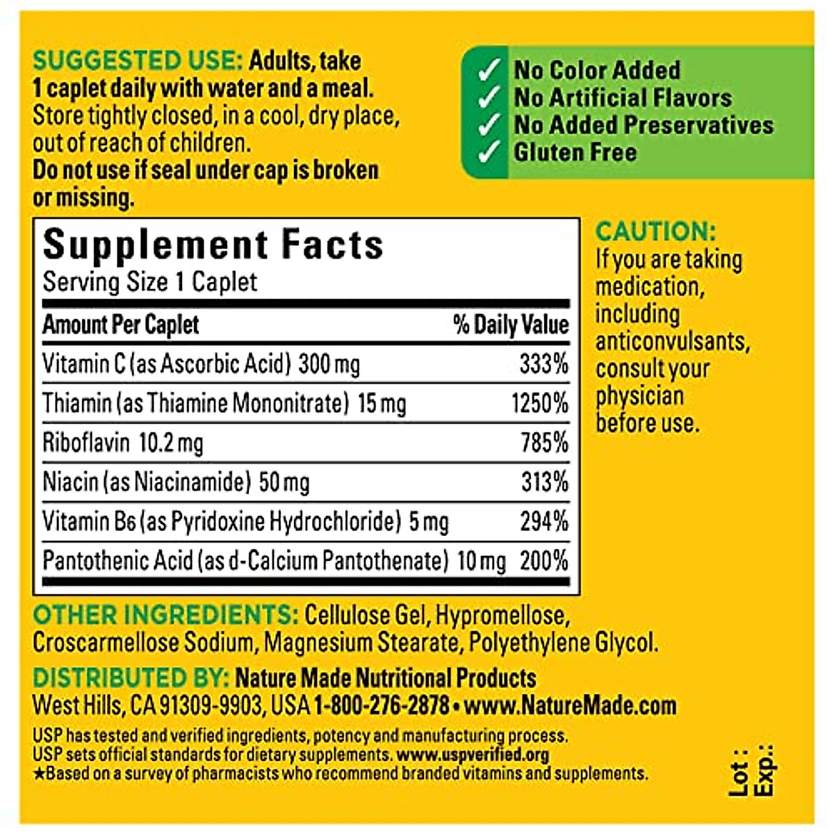 Nature Made B Complex With Vitamin C, Dietary Supplement for Immune System Support, 100 Caplets, 100 Day Supply