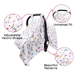Muslin Baby Car Seat Canopy, Infant Carseat Cover, Lightweight Breathable Soft for Babies Girls Shower Gift (Rainbow)