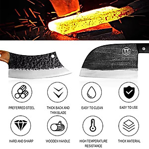 XYJ Full Tang Handmade Forged Serbian Chef Knife 6.7 Inch Butcher Knives 6.2 inch Boning Knife for Camping Hunting with Leather Sleeves