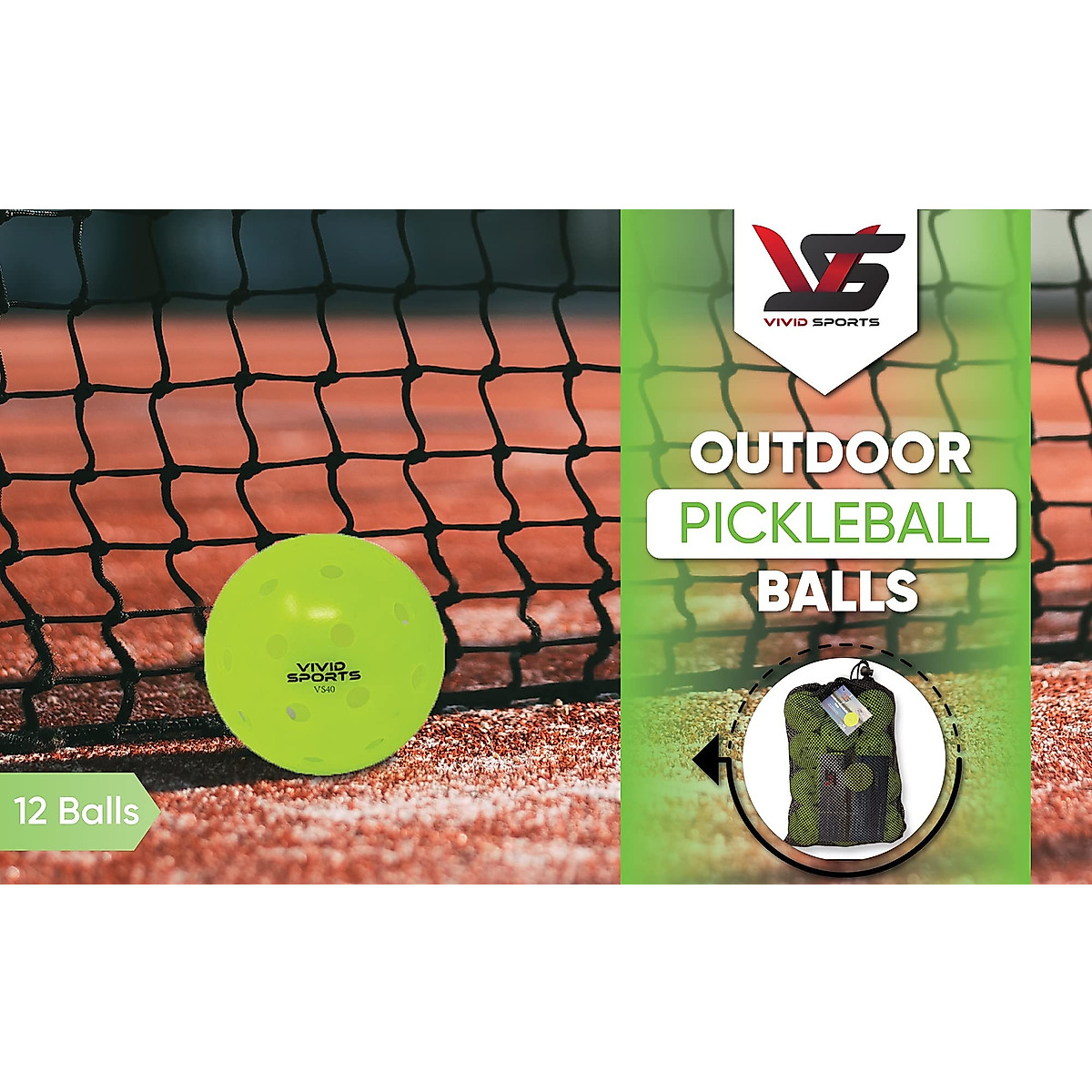 Vivid Sports Outdoor Pickleballs | 12 Pack | 6 Pack | USA Pickleball Approved & Sanctioned for Tournament Play, Pickleball Balls with Mesh Carry Bag