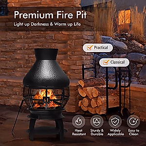 Giantex Wood Burning Chiminea, Heavy Duty Fireplace Chimenea Wooden Fire Pit with 2-Piece Log Grate, Premium Rain Cap & Fire Poker, 360°Fire Retardant Mesh Cover, Ideal for Garden, Patio, Backyard