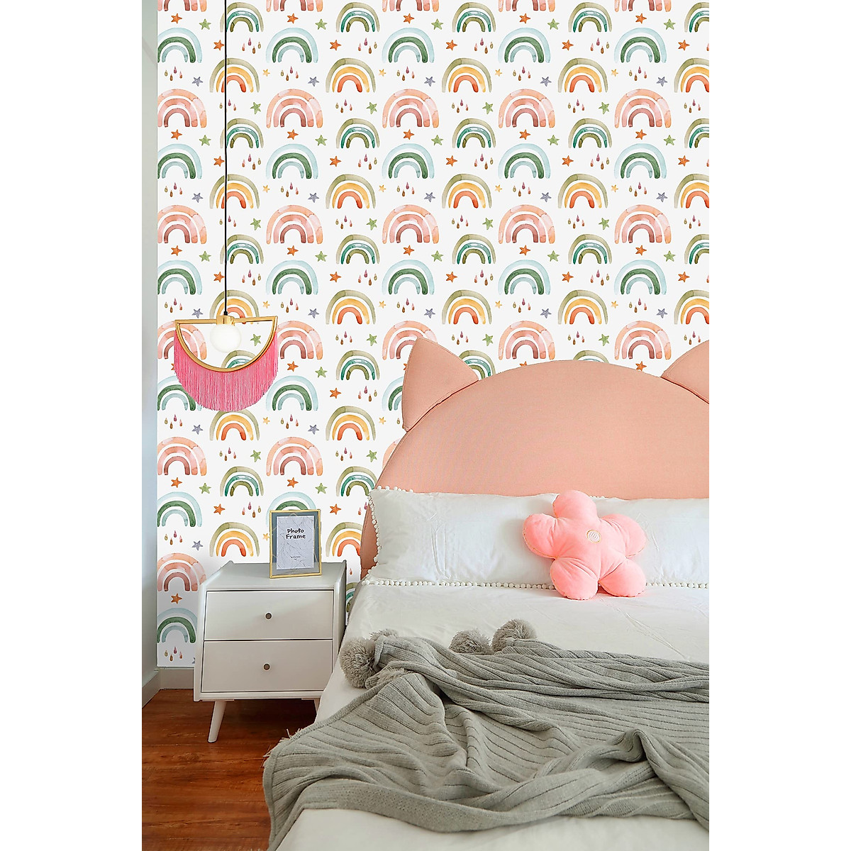 HAOKHOME Peel and Stick Rainbow Wallpaper Cute Raindrop Stars White/Orange/Green Removable for Nursery Kids Bedroom Decor 17.7in x 118in