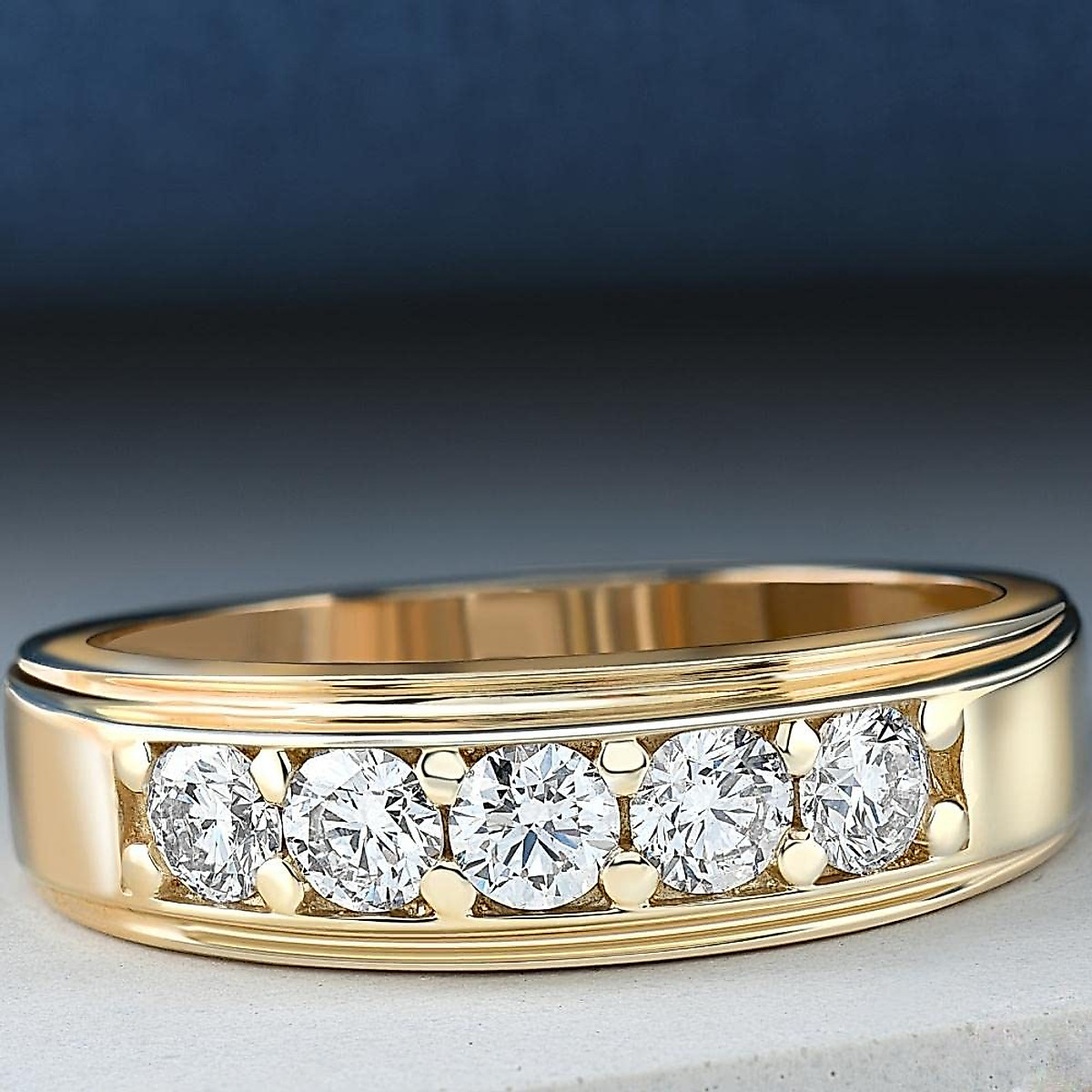 10k Yellow Gold 1 Ct T.W. Round-Cut Five Stone Elegant Diamond Wedding Band Ring for Him Anniversary High Polished Band