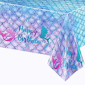DaiUni 1PCS Mermaid Birthday Tablecloth for Birthday Party Decoration, Plastic Disposable Rectangle Table Cover for Kids Girls Party Supplies, 54" x 108"