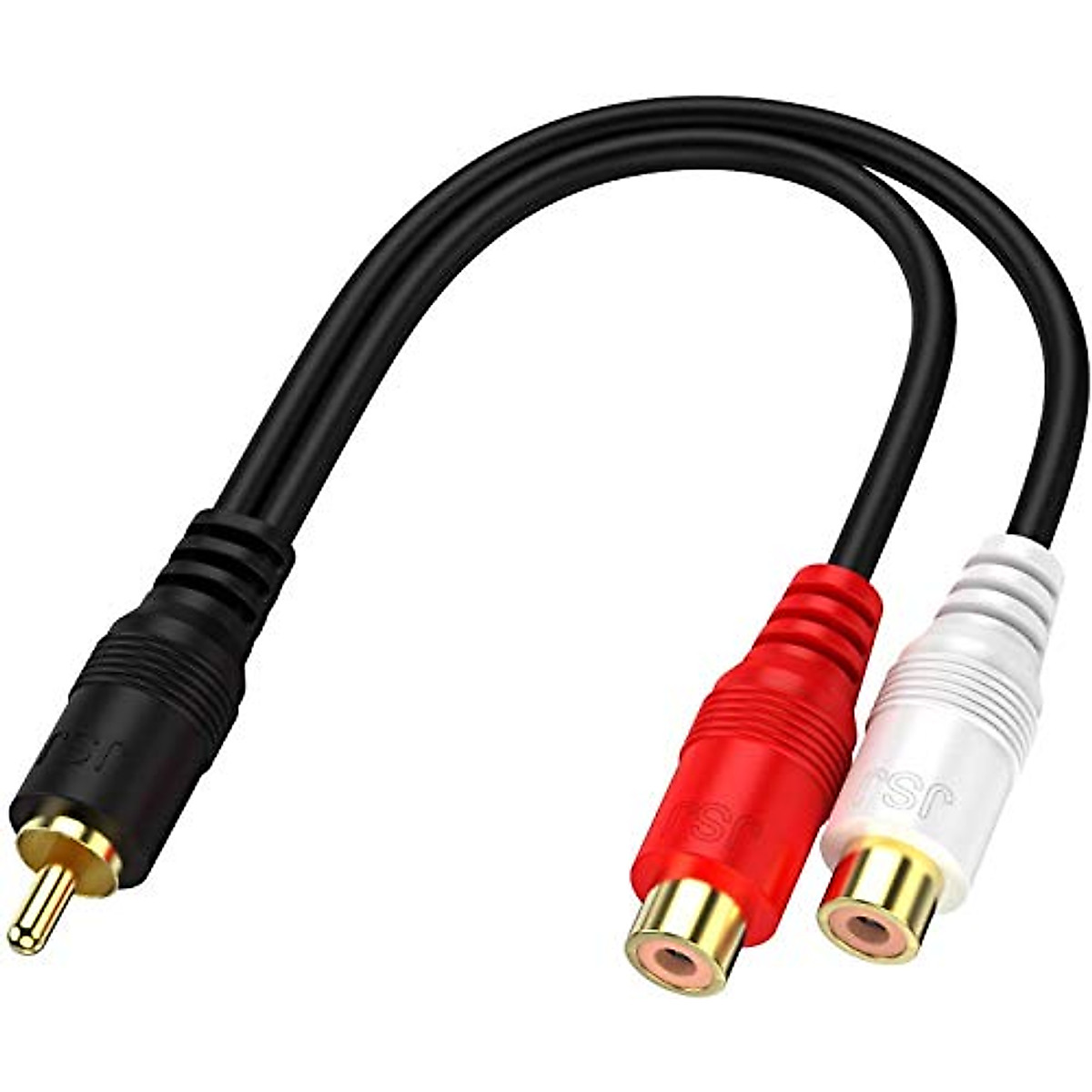 RCA 1 Male to 2 Female Audio Speaker Y Adapter Splitter Cable with OFC Conductor Dual Shielding Gold Plated Metal Shell Flexible PVC Jacket - 2 Pack / 0.6FT