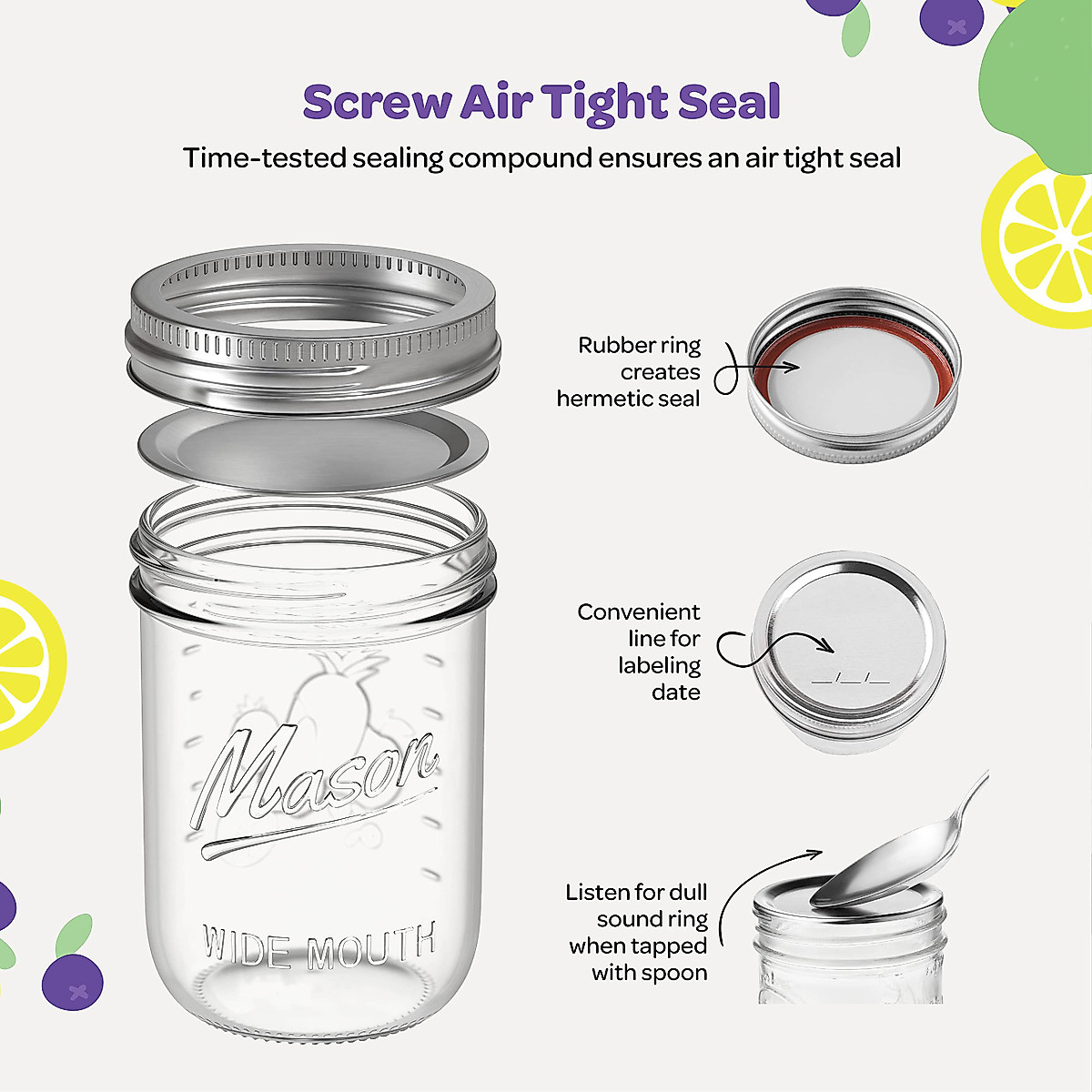 SEWANTA Wide Mouth Mason Jars 16 oz With mason jar lids and Bands, mason jars 16 oz - For Canning, Fermenting, Pickling - Jar Décor - Microwave/Freeze/Dishwasher Safe. (4)