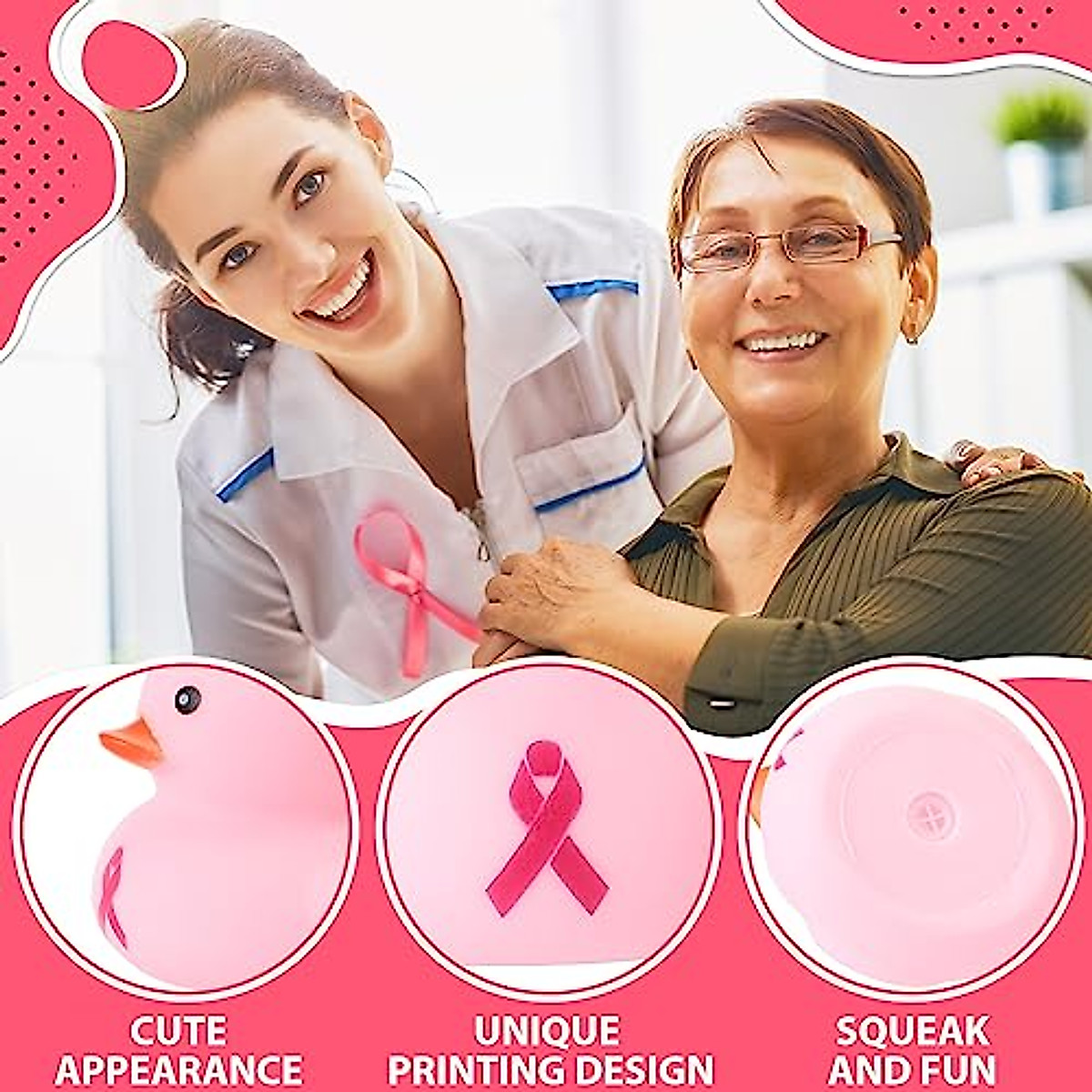Libima 100 Pcs Mental Health Gifts Ribbon Rubber Duck Leukemia Awareness Products Health Awareness Gifts Small Rubber Ducky for Cancer Health Disease Event Public Charity Supplies (Pink, Rose Red)