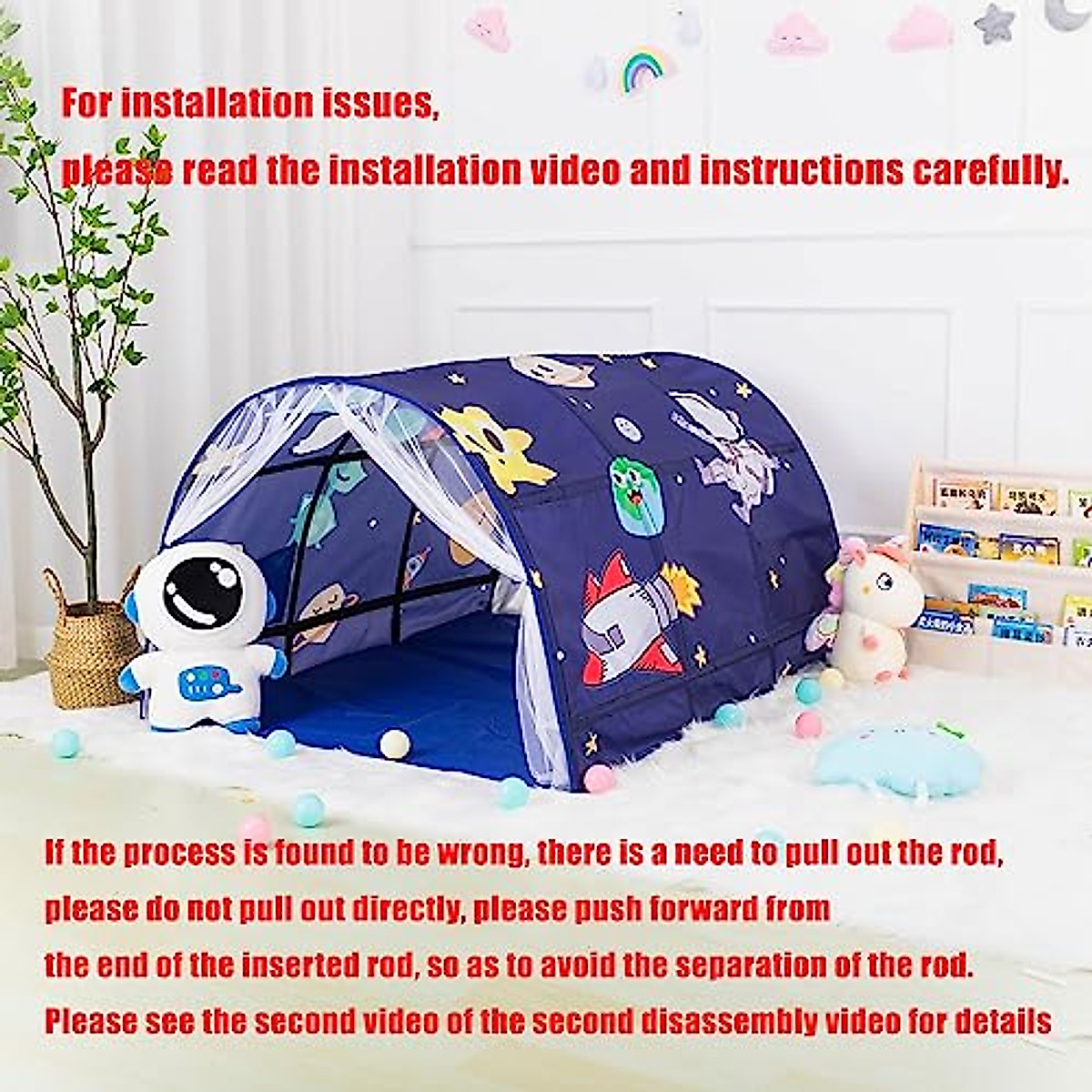 Happy Tent Space Stars Bed Tents for Kids Portable Play Game House Boys Girls Breathable Cottage DIY Inner Pocket Sleeping Toddlers Playhouse with Double Net Curtain & Carry Bag (Blue)