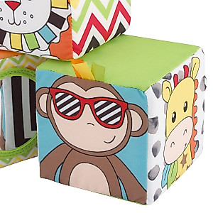 Sassy Baby Eli Elephant, Zebra and Monkey Multi-Colored Developmental Plush Baby Blocks, Set of Three with Crinkle, Mirror and Chime