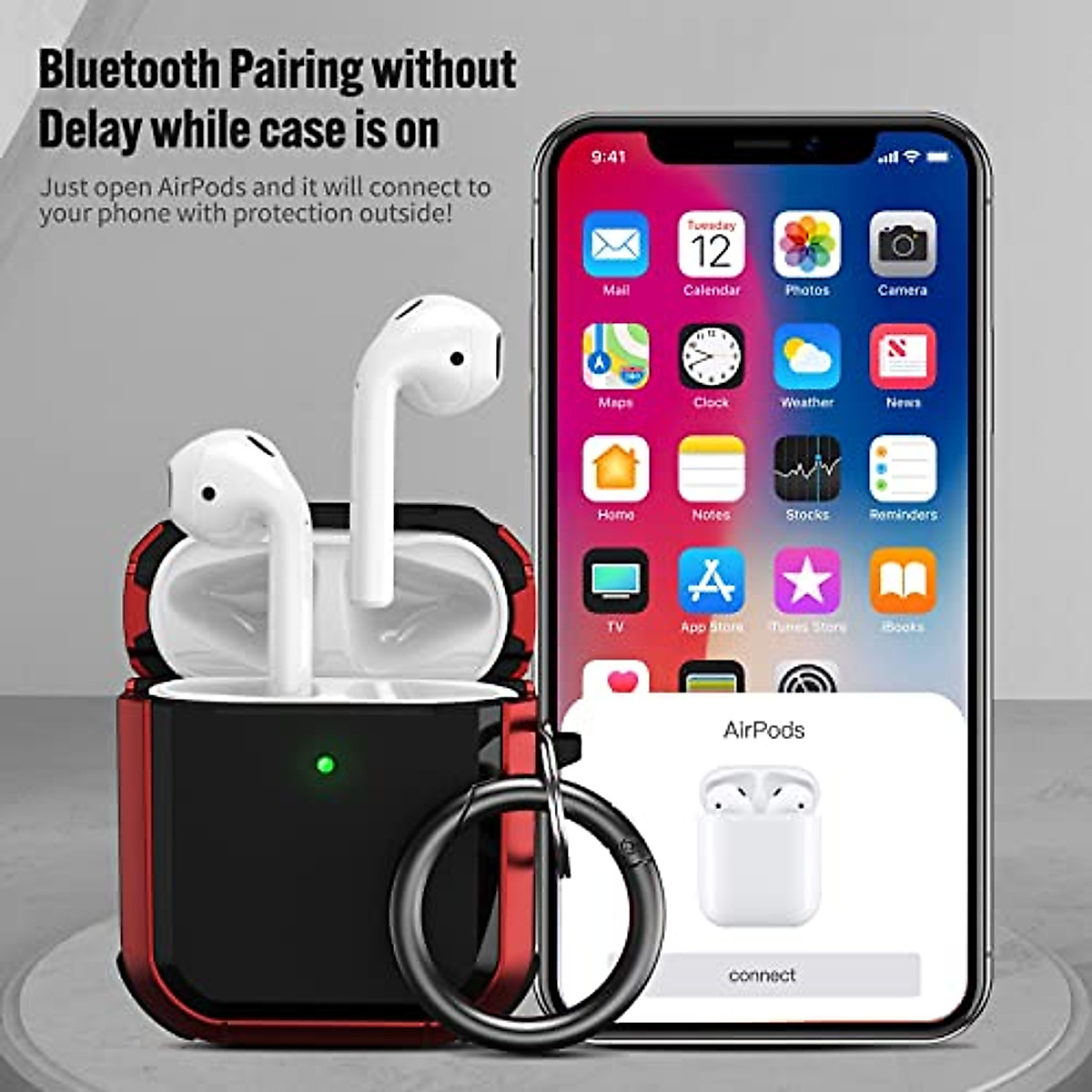 Jiunai for AirPods Case AirPods 2 Case with Keychain Protective Shockproof Full Body Armor Thick Wireless Charge Supported Cool Case with Carabiner for AirPods 1st & 2nd Gen LED Visible Black Red