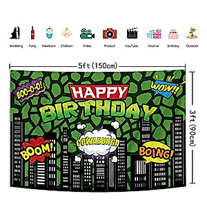 BINQOO 5x3ft Cartoon Birthday Backdrop Green American Comics Cityscape Buildings Photography Background Tortoise Boy Newborn Baby Shower Kids Decor Photo Booth Prop