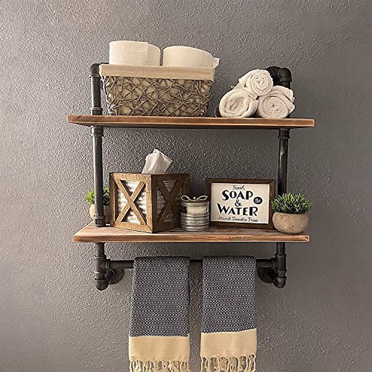 Industrial Pipe Shelving,Iron Pipe Shelves Industrial Bathroom Shelves with Towel bar,24in Rustic Metal Pipe Floating Shelves Pipe Wall Shelf,2 Tier Industrial Shelf Wall Mounted,Retro Brown