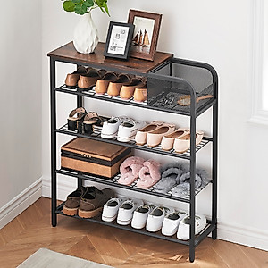coucheta Shoe Rack for Entryway, 5 Tier Shoe Storage Rack for 12-16 Pairs of Shoes, Shoe Rack Adjustable Shoe Organizer with Sturdy Wooden Top and Mesh Storage Basket, Industrial Style, Rustic Brown