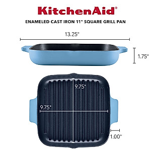 KitchenAid Enameled Cast Iron Square Grill and Roasting Pan, 11 Inch, Blue Velvet