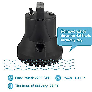 1/4 HP Automatic Submersible Water Pump with Garden Hose Adapter, 14.8FT Lift Height, Ultra-low Water Level Drainage, 2200 GPH Water Removal for Hot Tubs, Fish Tank, Pond, Rooftops, Hydroponic Systems