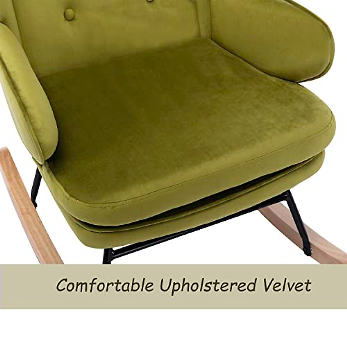 QUINJAY Modern Small Rocking Chair Living Room Chair, Upholstered Velvet Rocking Chair for Nursery with Safe Solid Wood Base, Tufted Wingback Armrests Rocker Lounge Glider for Bedroom Balcony, Green