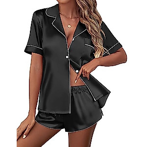 Ekouaer Womens Satin Silk Short Sleeve Button Down Top and Shorts Sleepwear Pajamas Set Black Small