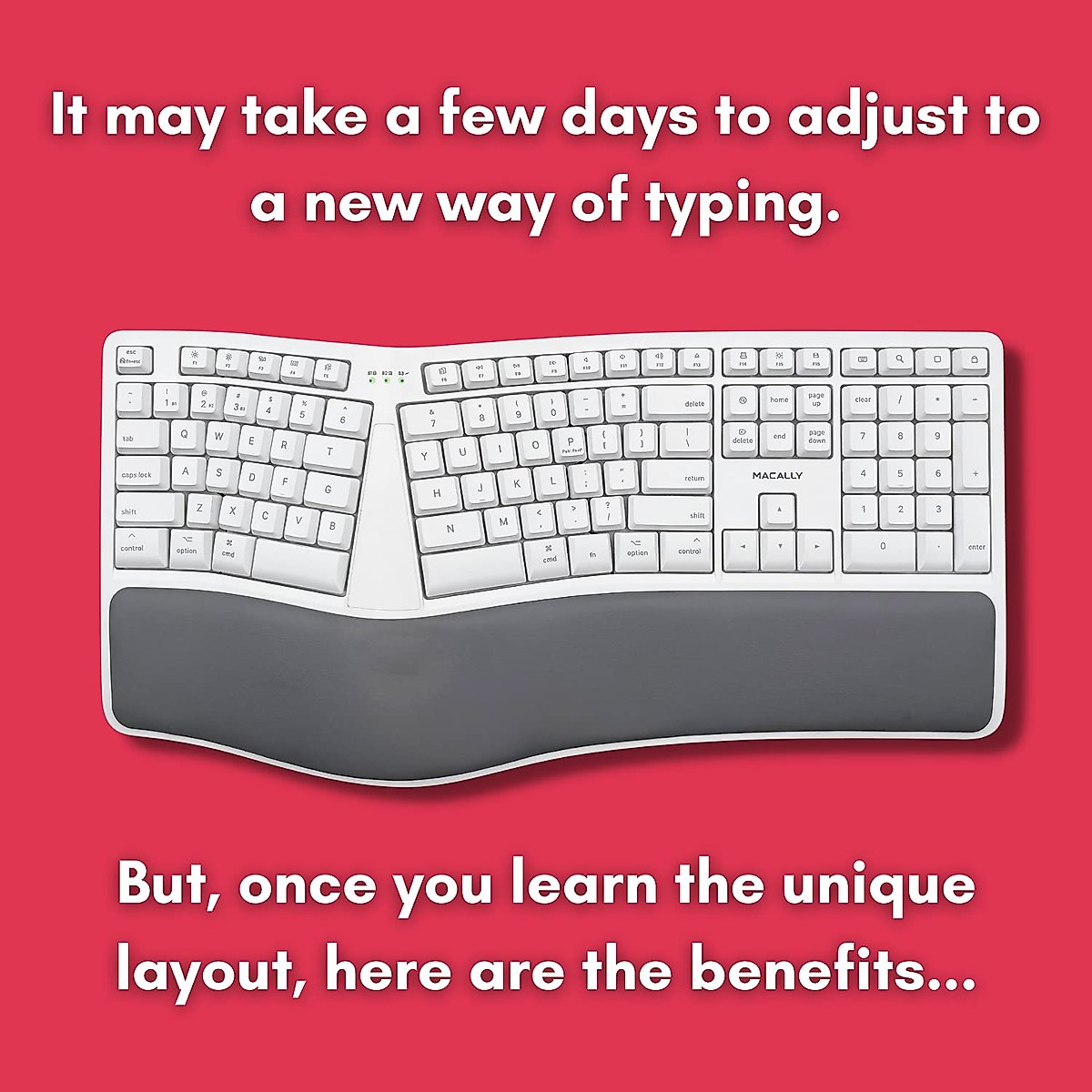 Macally Wireless Ergonomic Keyboard for Mac - Comfortable Typing - Compatible Apple Bluetooth Keyboard with Wrist Rest - Rechargeable Ergo Split Keyboard for MacBook Pro/Air, iMac, Mac Mini