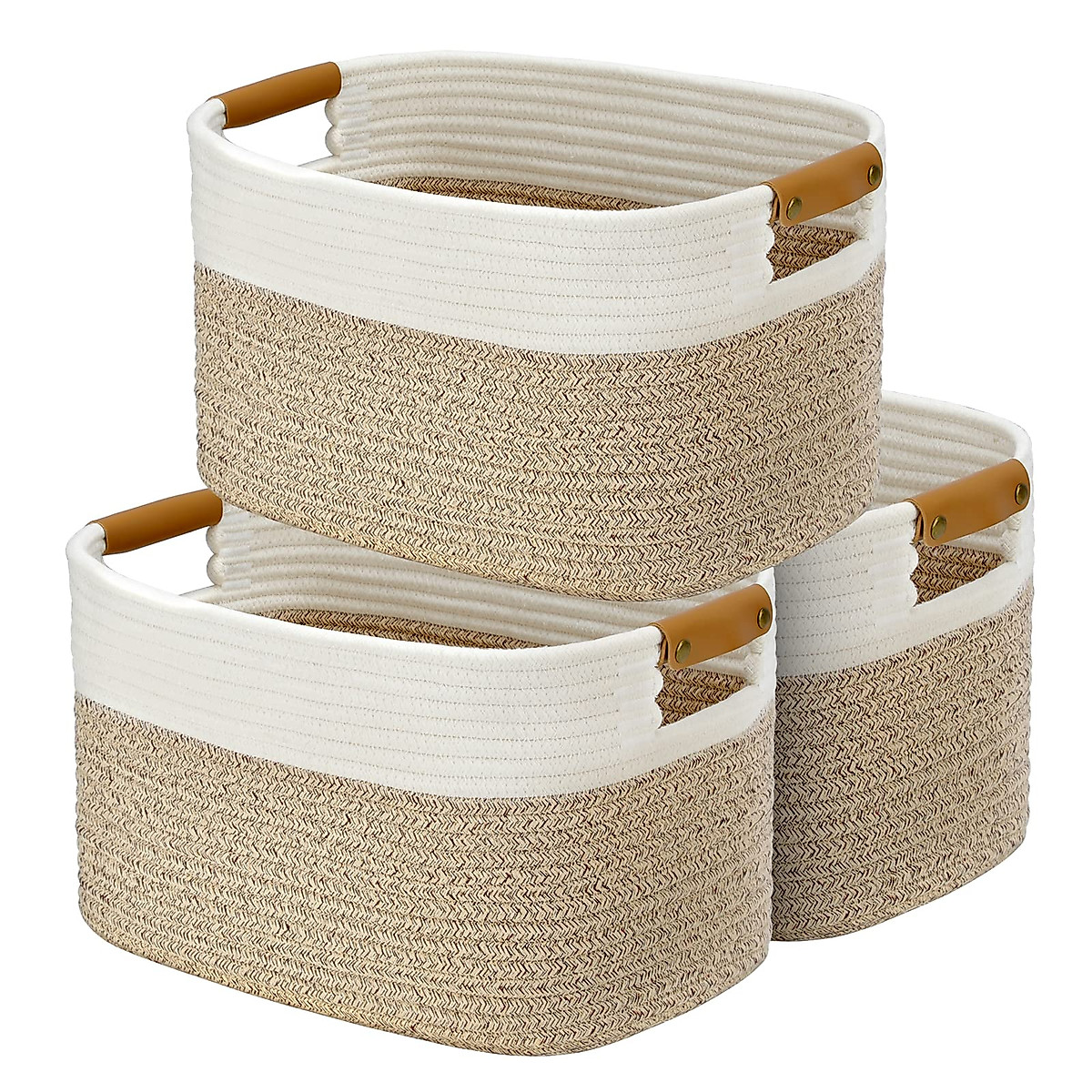 LOVSTORAGE Cotton Rope Basket for Storage, Set of 3 Storage Baskets for Organizing with Handles Woven Laundry Basket in Living Laundry Room for Blankets Toys Throws Pillows Towels 15x10x9" White/Brown